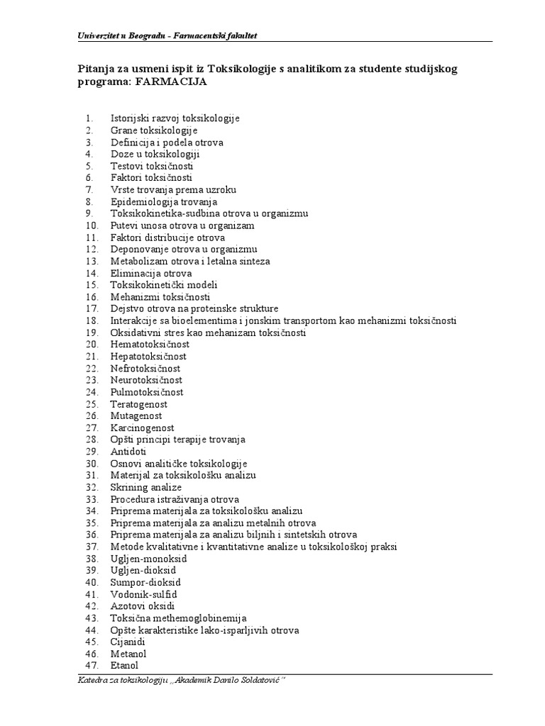 Spisak Pitanja Za Usmeni Ispit Iz Toksikologije S Analitikom MF | PDF