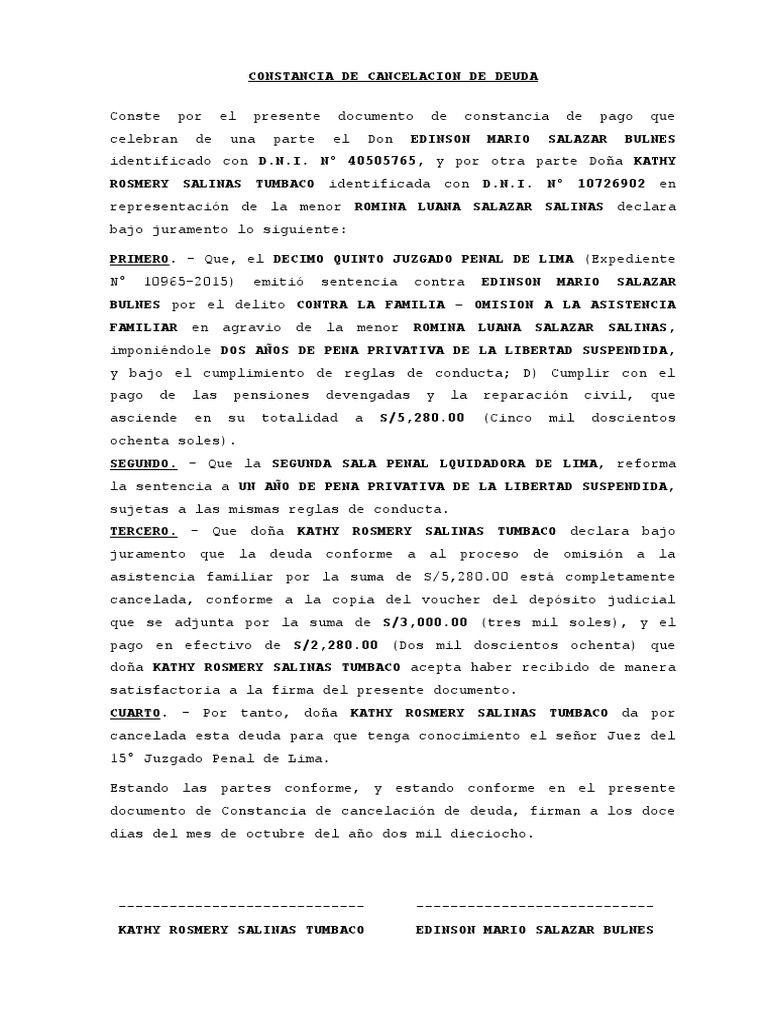 Constancia de Cancelación de Deuda | PDF | Finanzas y dinero | Derecho