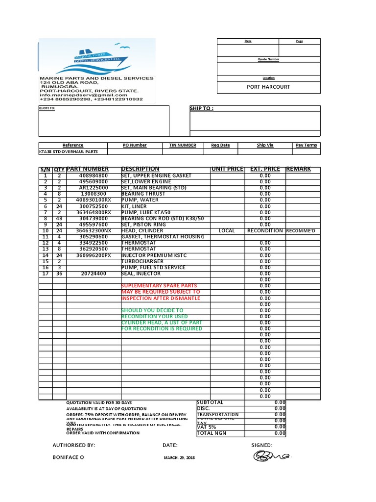 Cummins K38 Engine Standard Overhaul Spare Parts | PDF | Engines | Propulsion