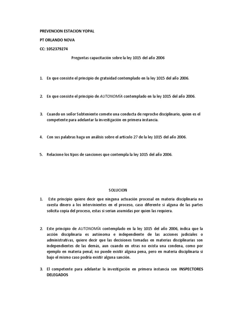 Preguntas Ley 1015 | PDF | Disciplinas | Policía