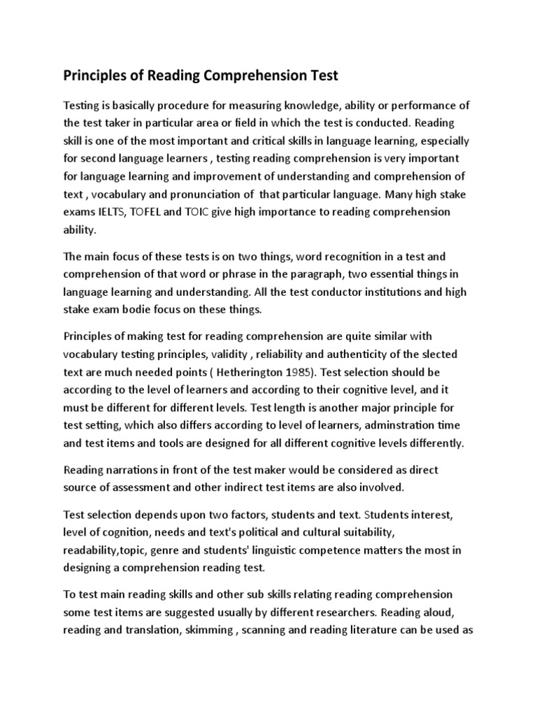 Principles of Reading Comprehension Test | PDF | Reading Comprehension ...