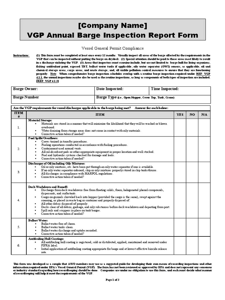 (Company Name) VGP Annual Barge Inspection Report Form: Vessel General ...