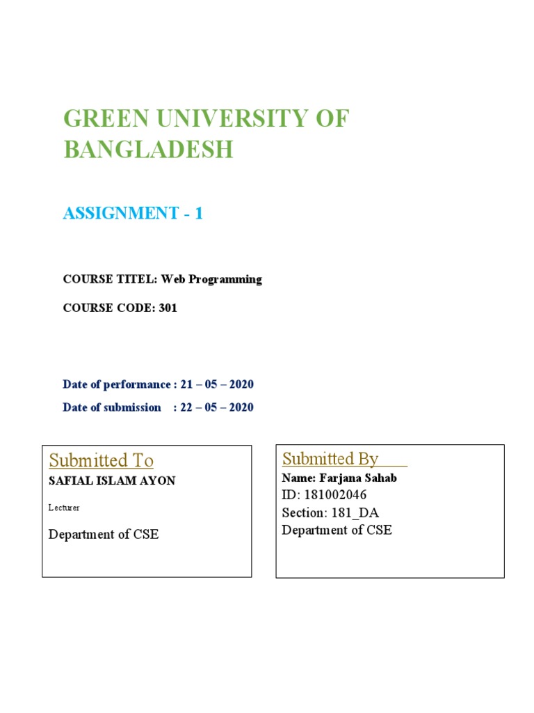 Green University of Bangladesh: Assignment - 1 | PDF