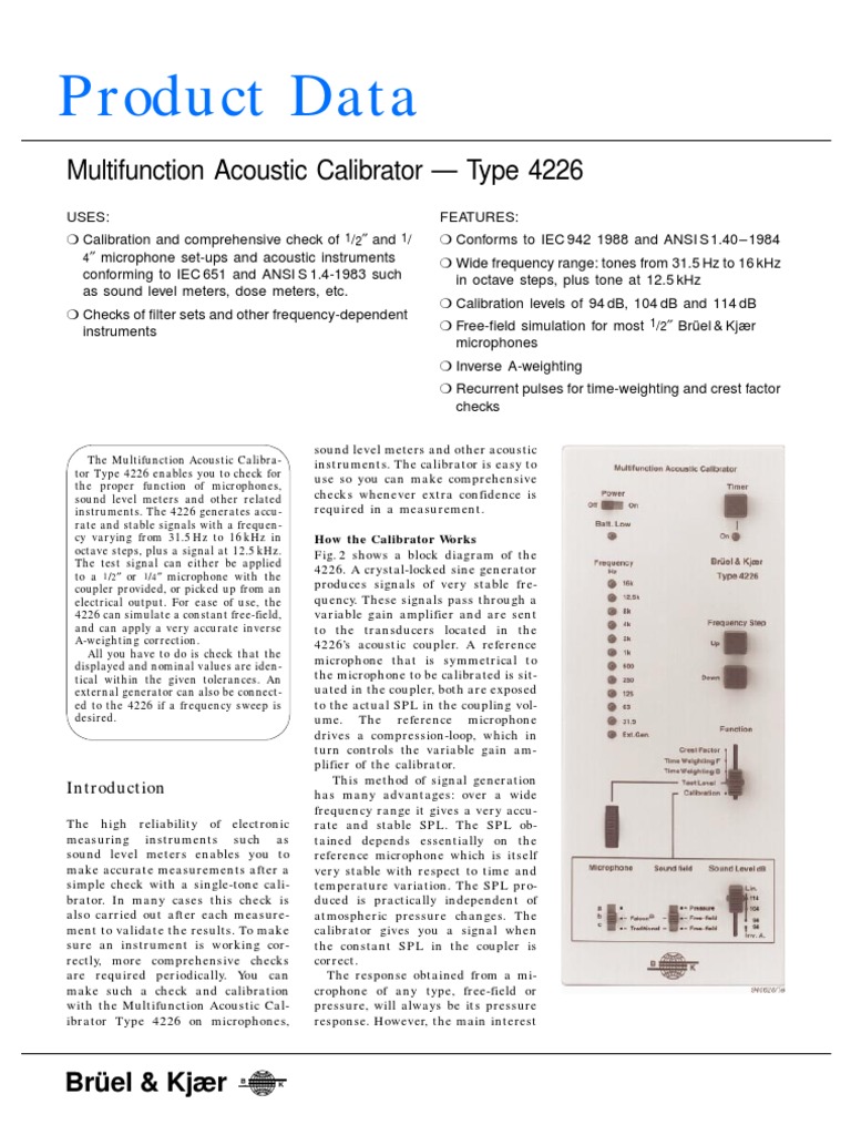 Product Data: Multifunction Acoustic Calibrator - Type 4226 | PDF ...