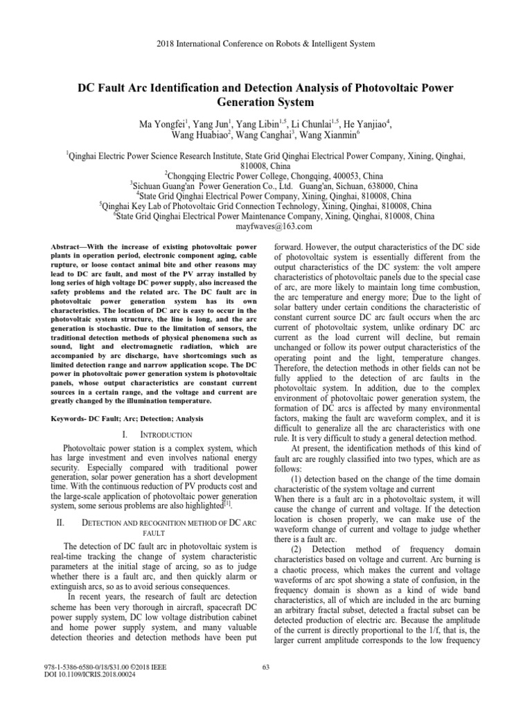 Dc Fault Arc Identification And Detection Analysis Of Photovoltaic Power Pdf Pdf
