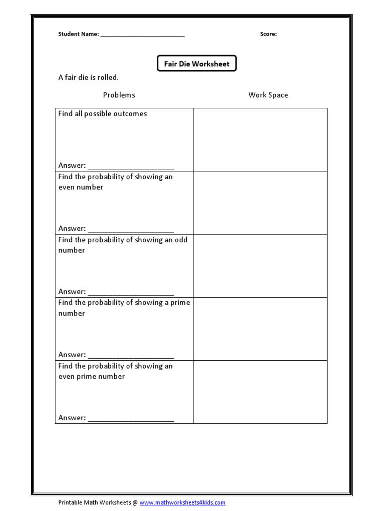 Fair Die Worksheet Probability Math | PDF