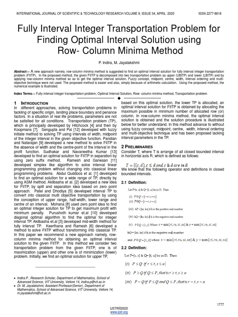 Fully Interval Integer Transportation Problem For Finding Optimal Interval Solution Using Row ...