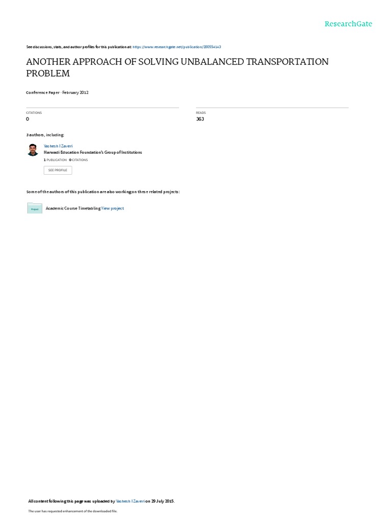 Another Approach of Solving Unbalanced Transportation Problem | PDF | Accounting | Economics