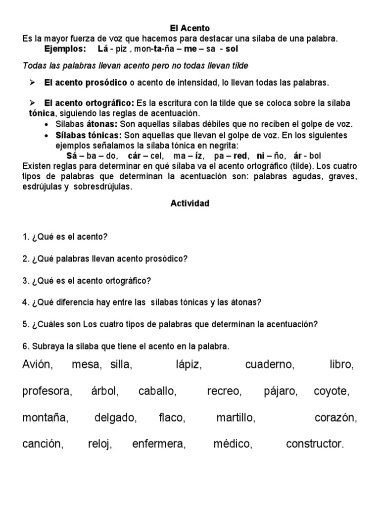 Las Palabras Agudas, Graves y Esdrujulas | PDF | Estrés (lingüística ...