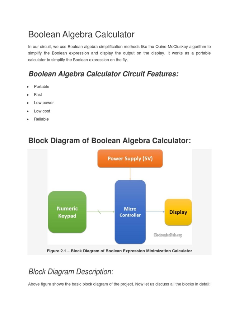 Boolean Algebra Calculator Circuit Features | PDF | Boolean Algebra ...