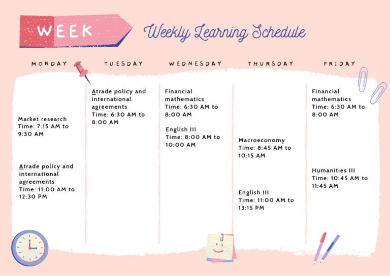 Weekly Learning Schedule: Monday Tuesday Wednesday Thursday Friday | PDF