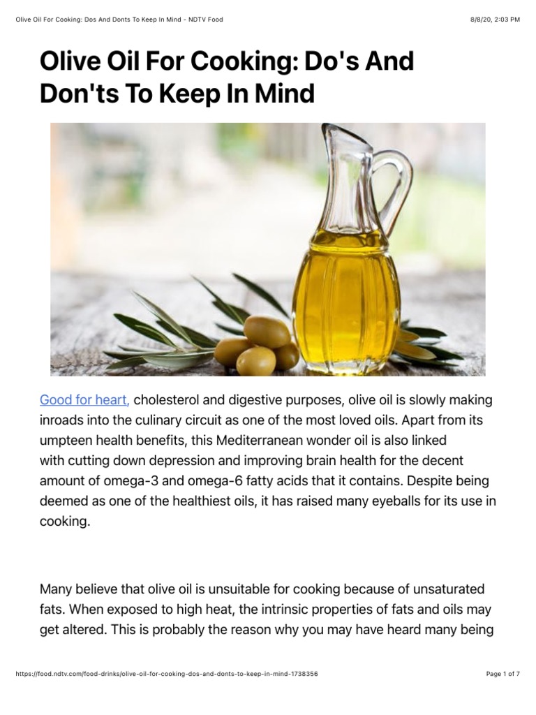 Olive Oil For Cooking: Dos and Donts To Keep in Mind - NDTV Food | PDF ...
