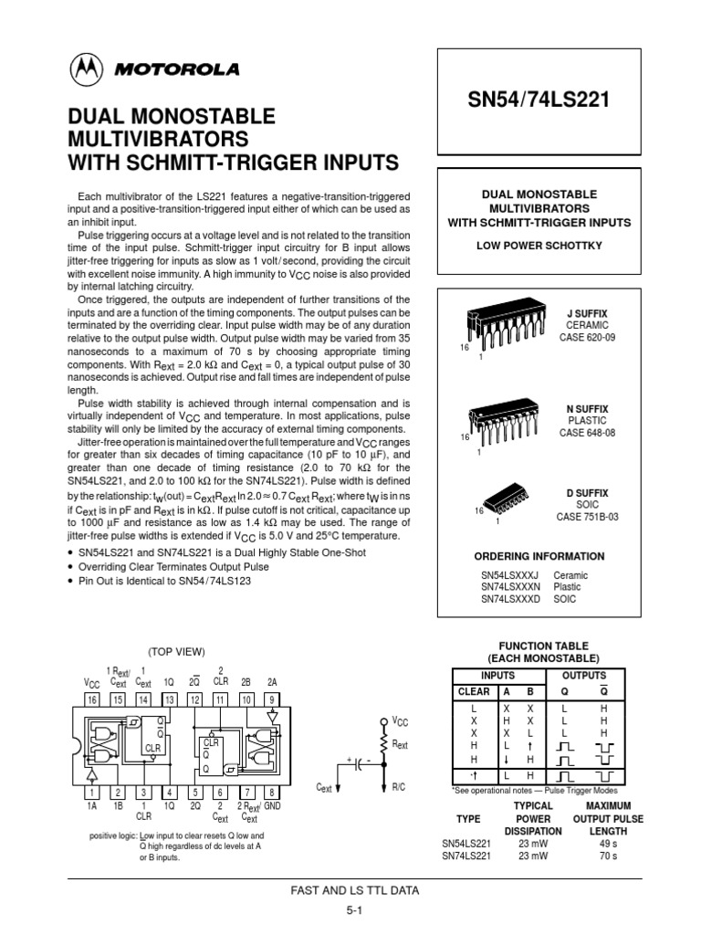 Dual Monostable Multivibrators With Schmitt-Trigger Inputs SN54/74LS221 | PDF | Electrical ...