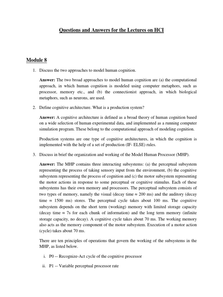 Questions and Answers For The Lectures On HCI | PDF | Perception | Memory