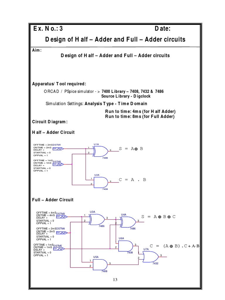 Ex. No.: 3 Date: Design of Half - Adder and Full - Adder Circuits | PDF | Digital Electronics ...