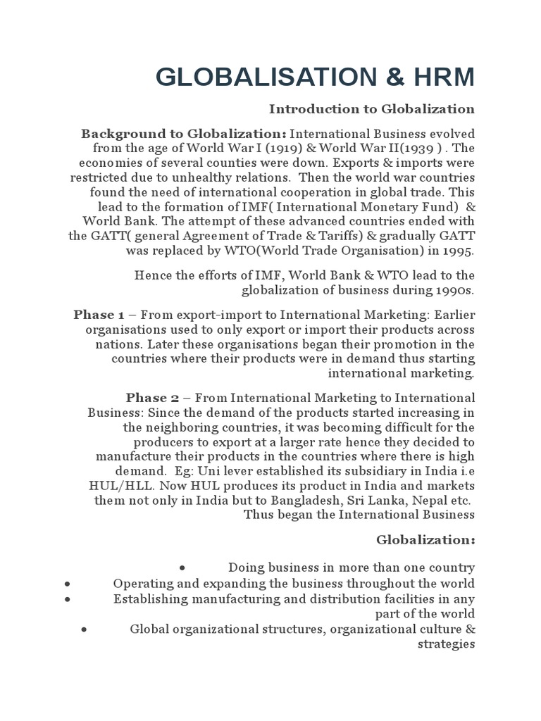 Globalisation & HRM: Introduction To Globalization Background To ...
