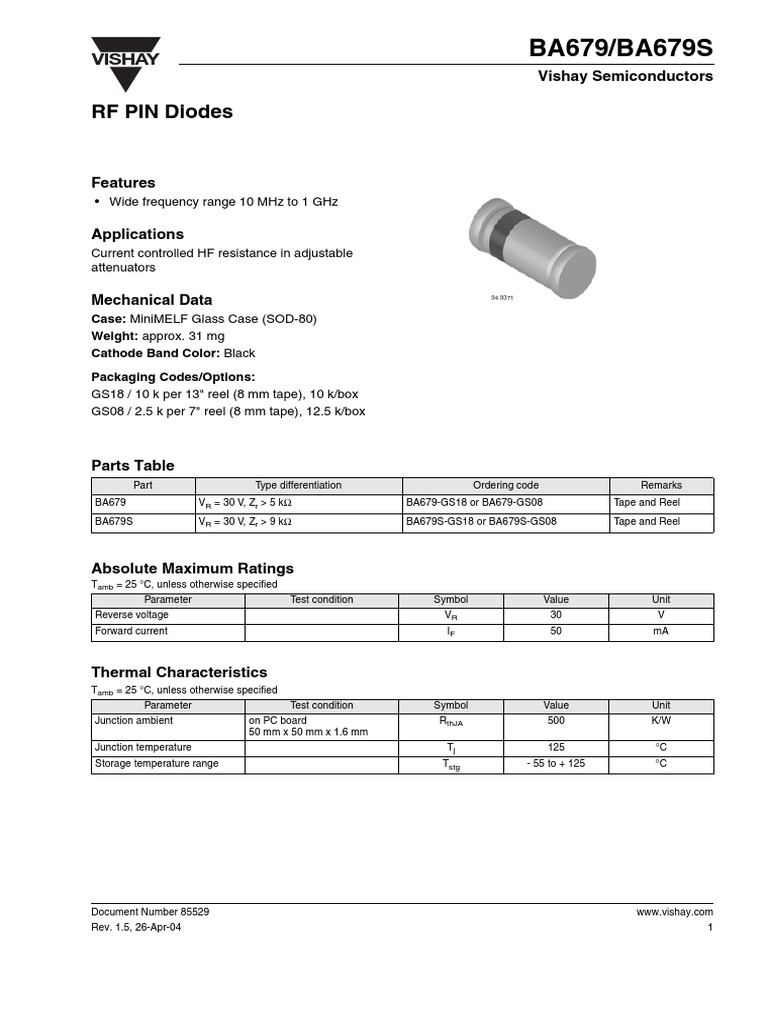 BA679/BA679S: RF PIN Diodes | PDF | Diode | Electrical Components