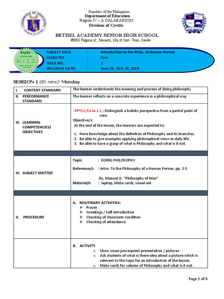 LESSON PLAN IPHP Week 1 Doing Philo | PDF | Concept | Thought
