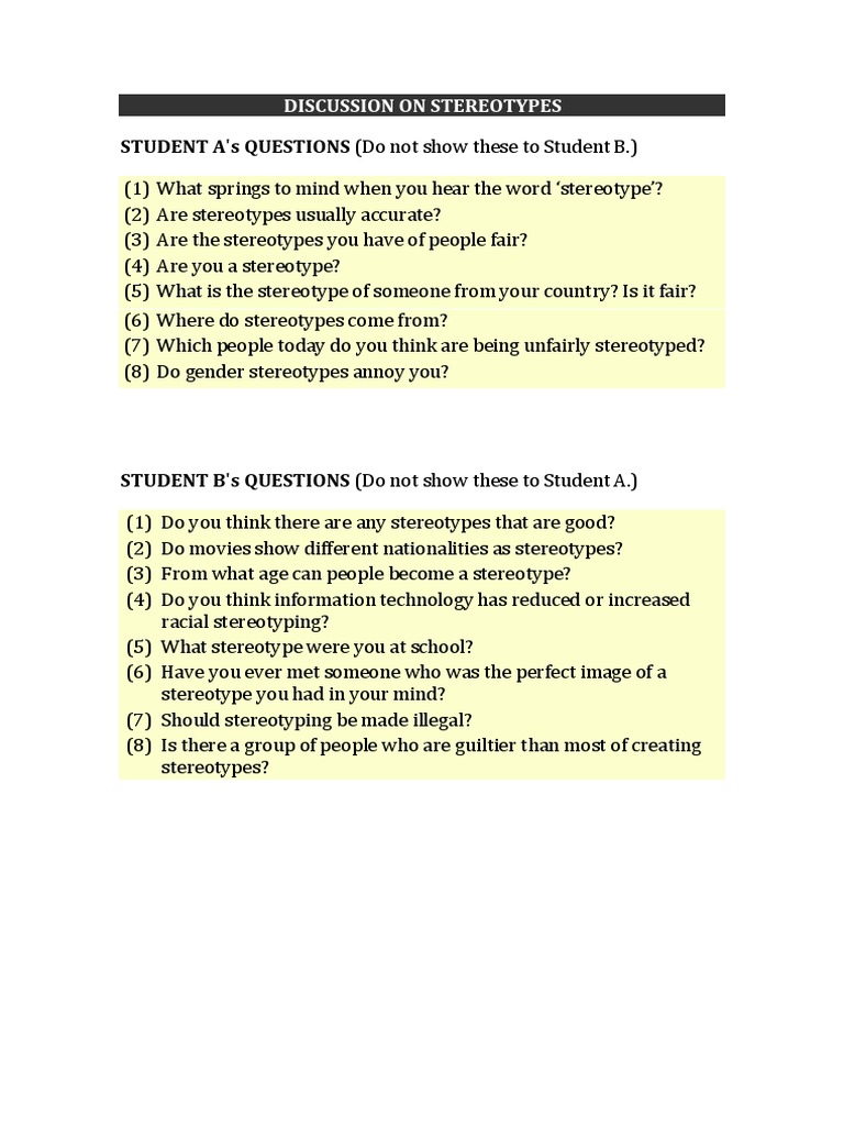 STUDENT A's QUESTIONS (Do Not Show These To Student B.) : Discussion On ...