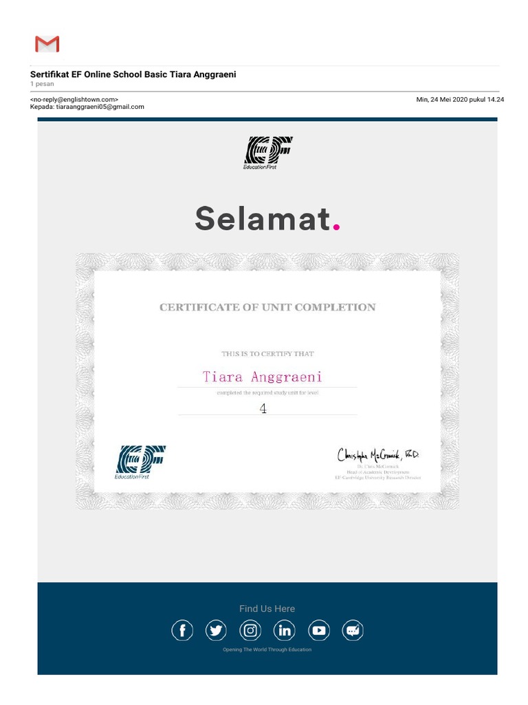 Gmail - Sertifikat EF Online School Basic Tiara Anggraeni PDF | PDF