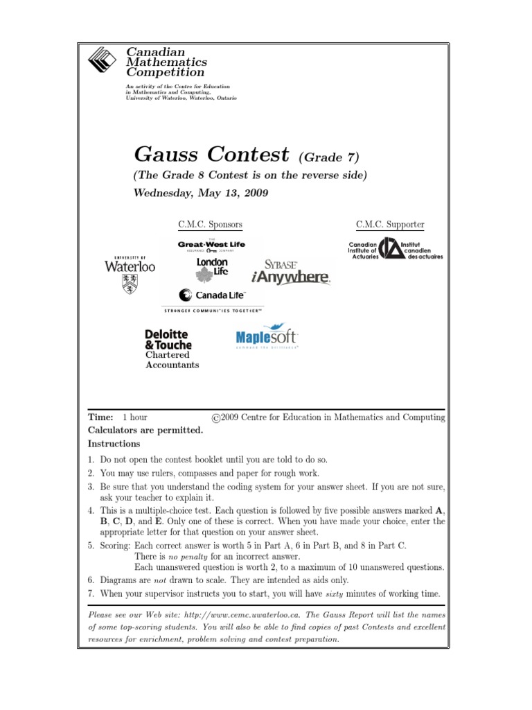 Gauss Contest: Canadian Mathematics Competition | PDF | Length ...