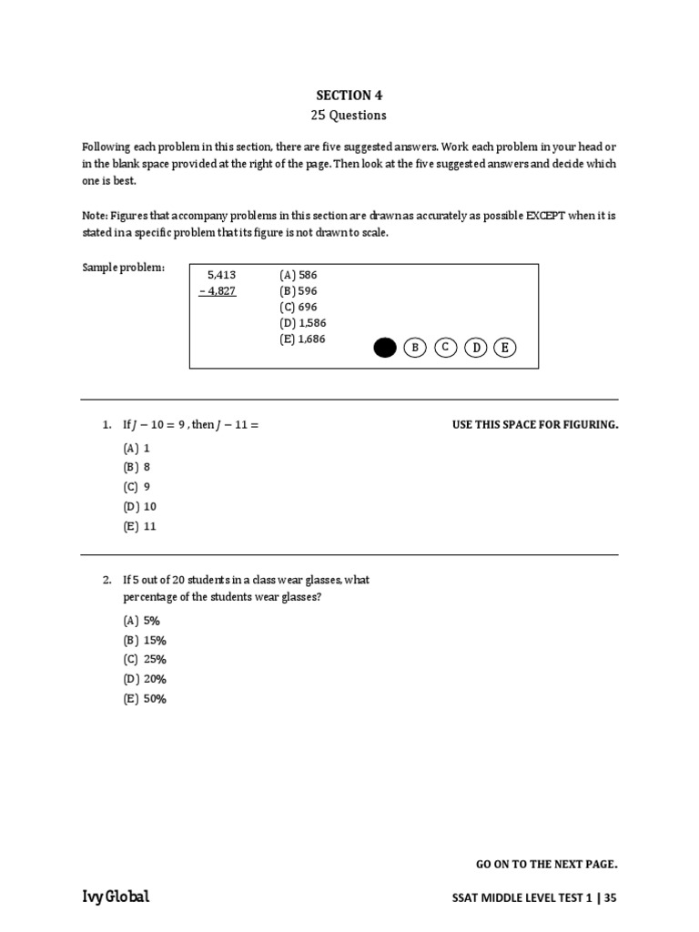 Ssat Middle Level Test Quantitative Section 2 | PDF | Teaching ...