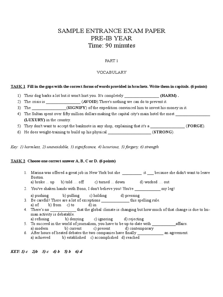 Sample Entrance Exam Paper Pre-Ib Year Time: 90 Minutes | PDF ...
