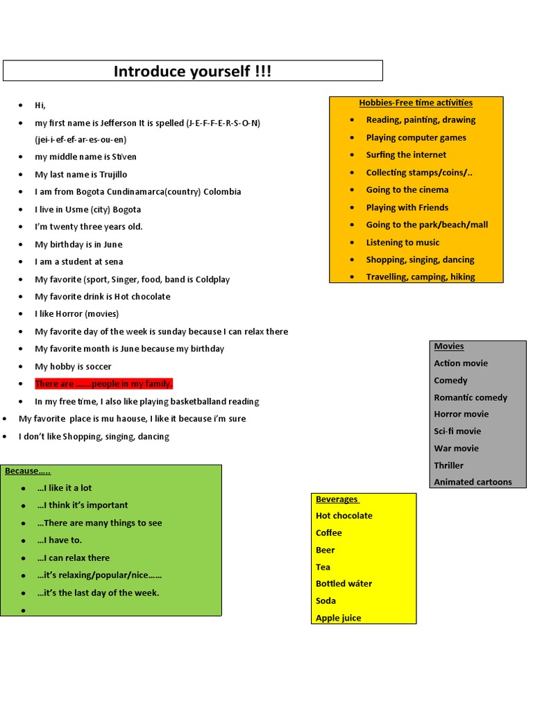 Introduce Yourself !!!: Hobbies-Free Time Activities | PDF | Drink
