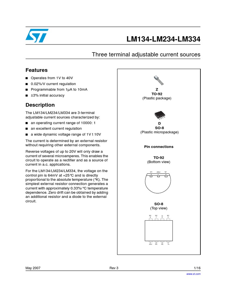 LM134-LM234-LM334: Three Terminal Adjustable Current Sources | PDF | Amplifier | Resistor