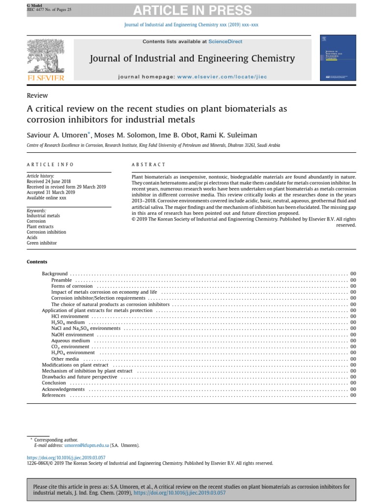 Journal of Industrial and Engineering Chemistry: Saviour A. Umoren ...