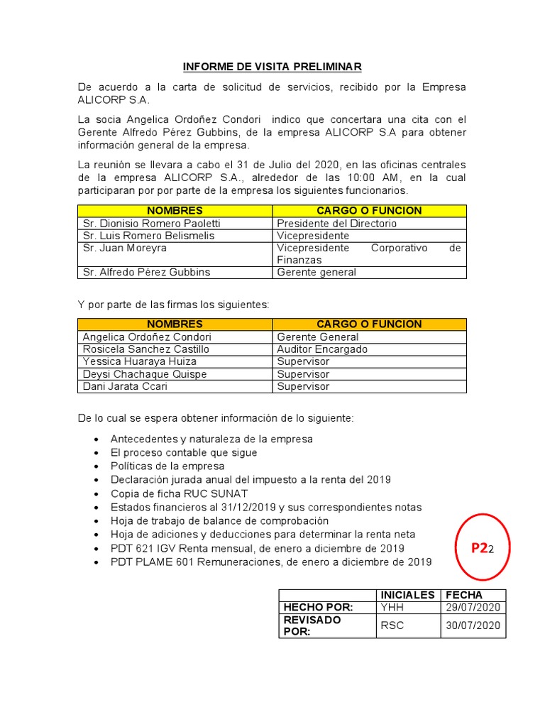 Informe de Visita Preliminar | PDF | Lima | Derecho Corporativo