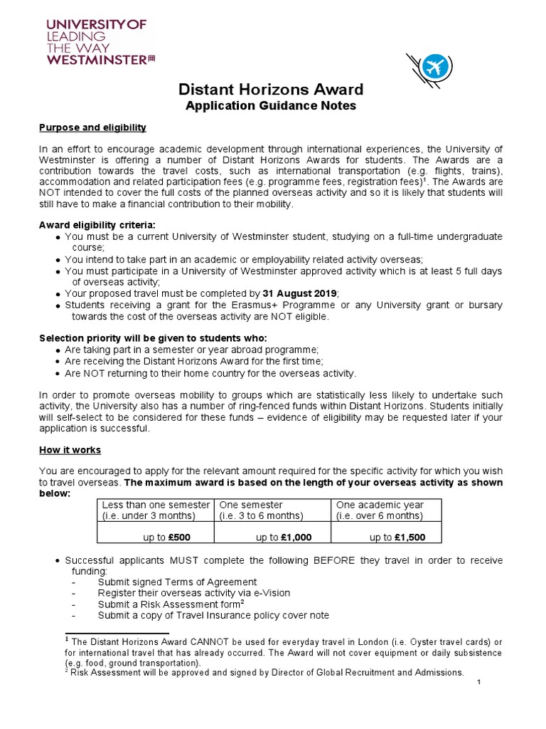 Distant Horizons Award Application Form | PDF | University | Fee