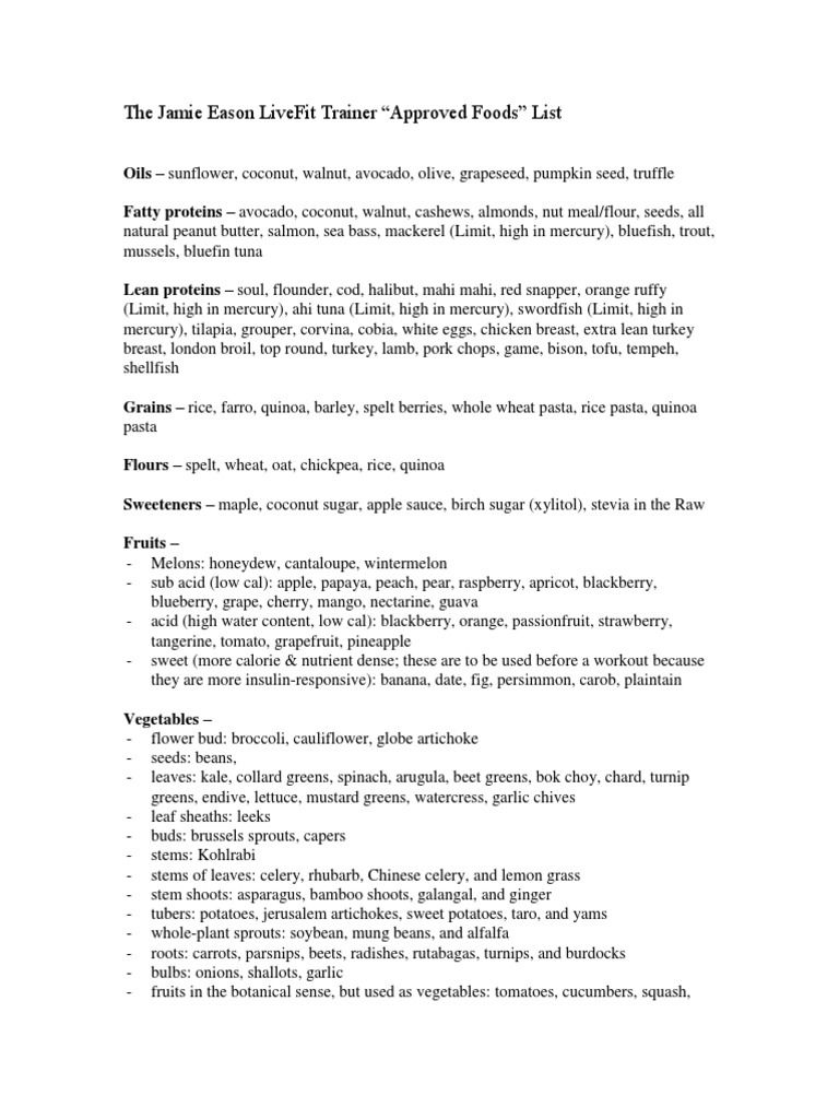 The Jamie Eason Livefit Trainer "Approved Foods" List | PDF | Oatmeal ...