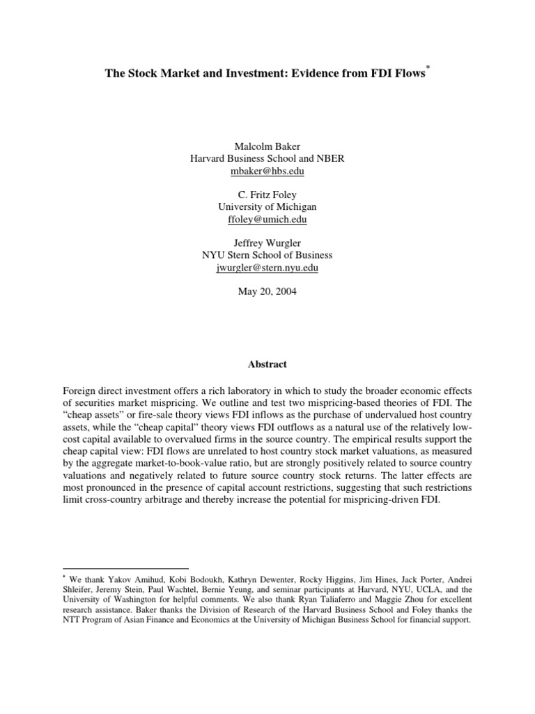 The Stock Market and Investment: Evidence From FDI Flows | PDF ...
