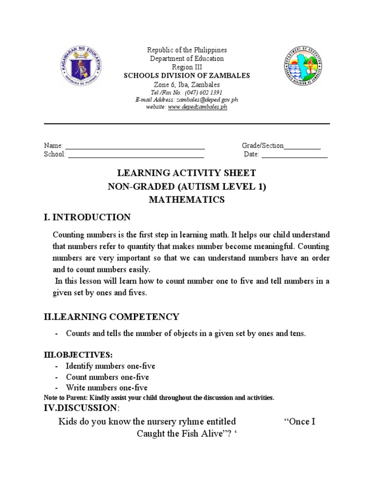 Learning Activity Sheet Non-Graded (Autism Level 1) Mathematics | PDF ...