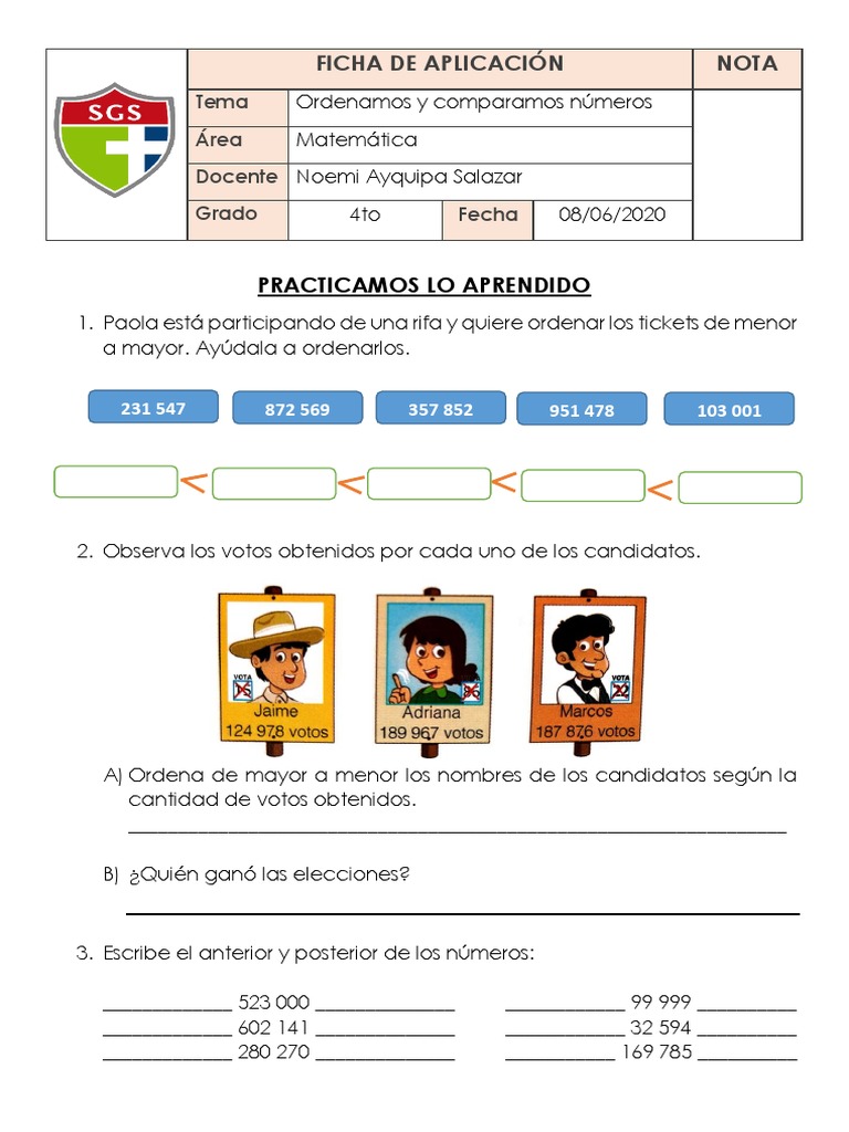 Ficha de Aplicación de Orden y Comparación de Números | PDF
