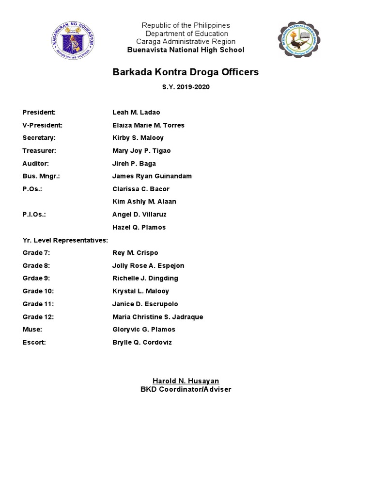 Barkada Kontra Droga Officers: Buenavista National High School | PDF