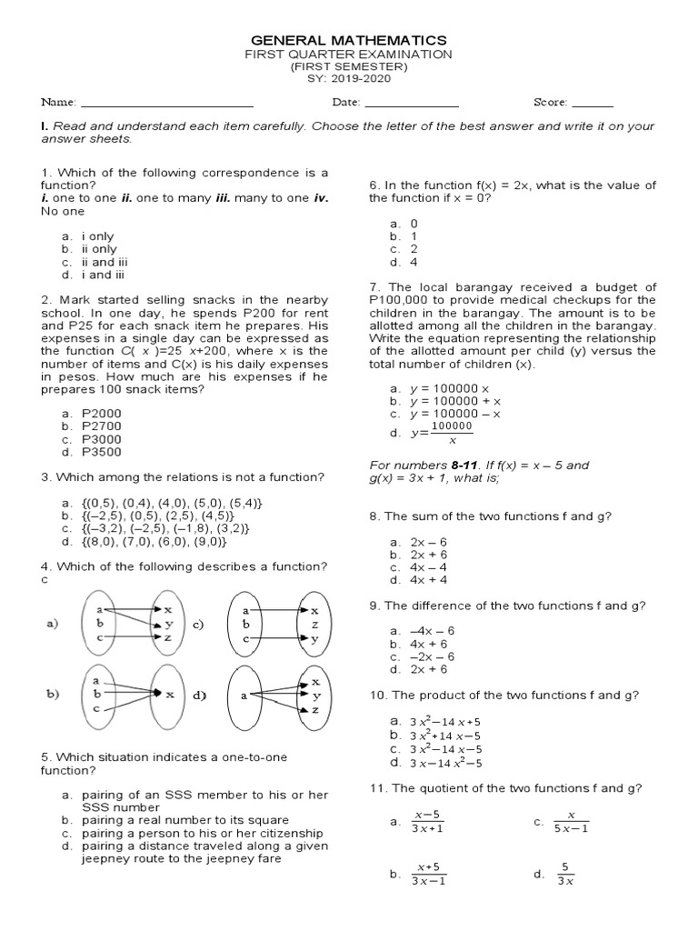 General Mathematics First Quarter Exam Review | PDF | Function (Mathematics) | Logarithm