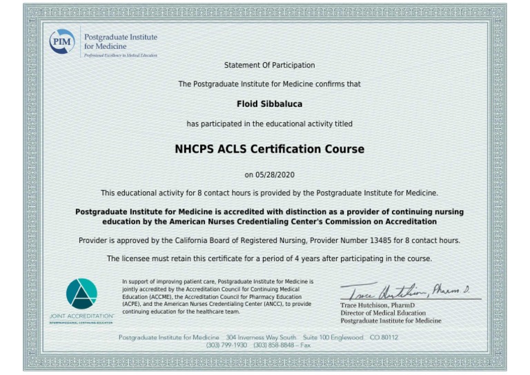 Acls Advanced Cardiac Life Support Certification Course Certificate | PDF