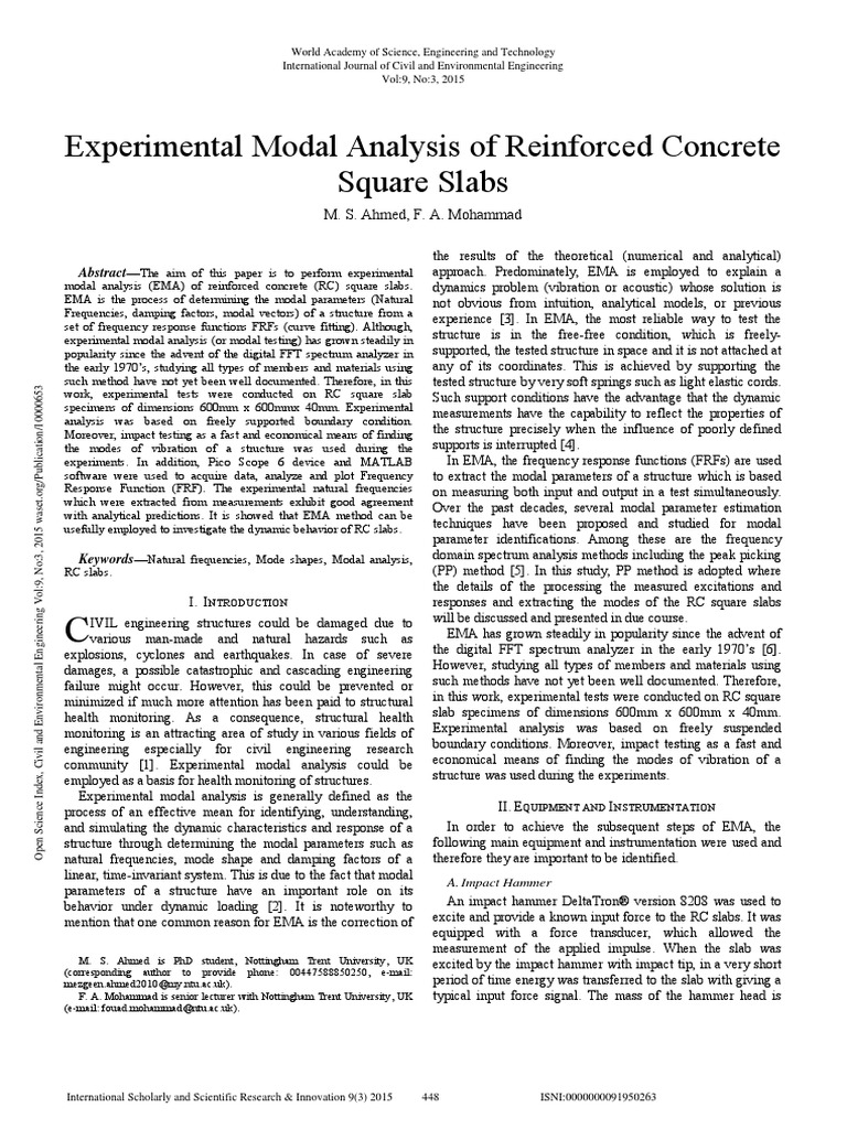 Experimental Modal Analysis Of Reinforced Concrete Square Slabs Pdf Applied And