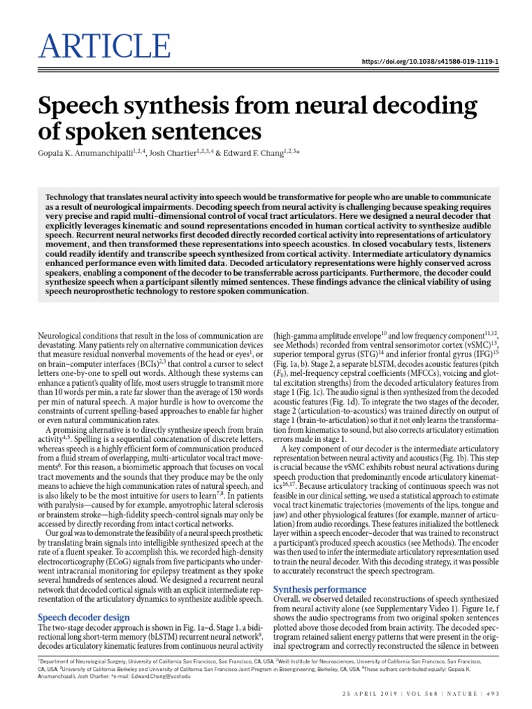 Anumanchipalli2019 - Speech Synthesis From Neural Decoding of Spoken ... Anumanchipalli2019 - Speech Synthesis From Neural Decoding of Spoken ...