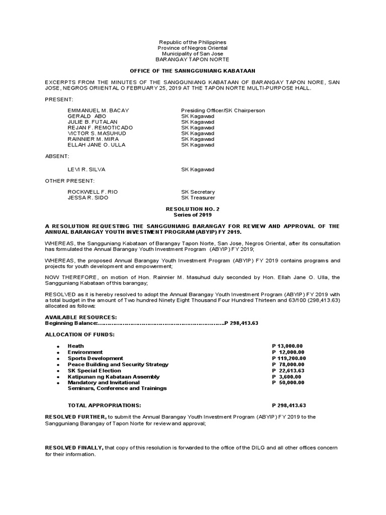 Minutes of the Sangguniang Kabataan Meeting Documenting the Proposed ...