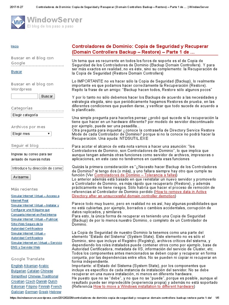 Domain Controllers Backup - Restore - Parte 1 | PDF | Apoyo | Internet