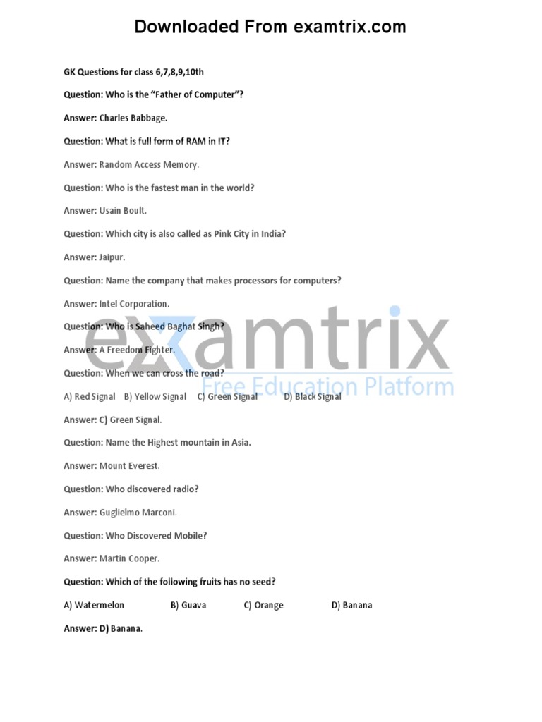 GK Questions For Class 6 | PDF