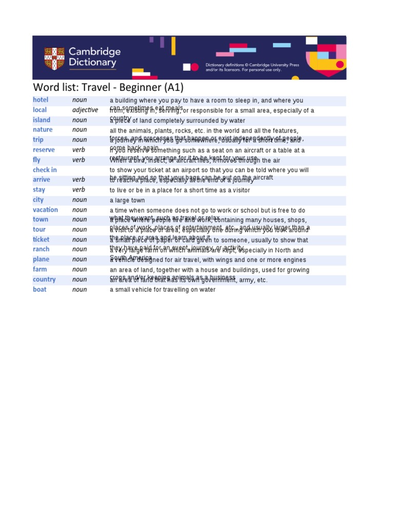 Word List: Travel - Beginner (A1) | PDF | Noun | Verb