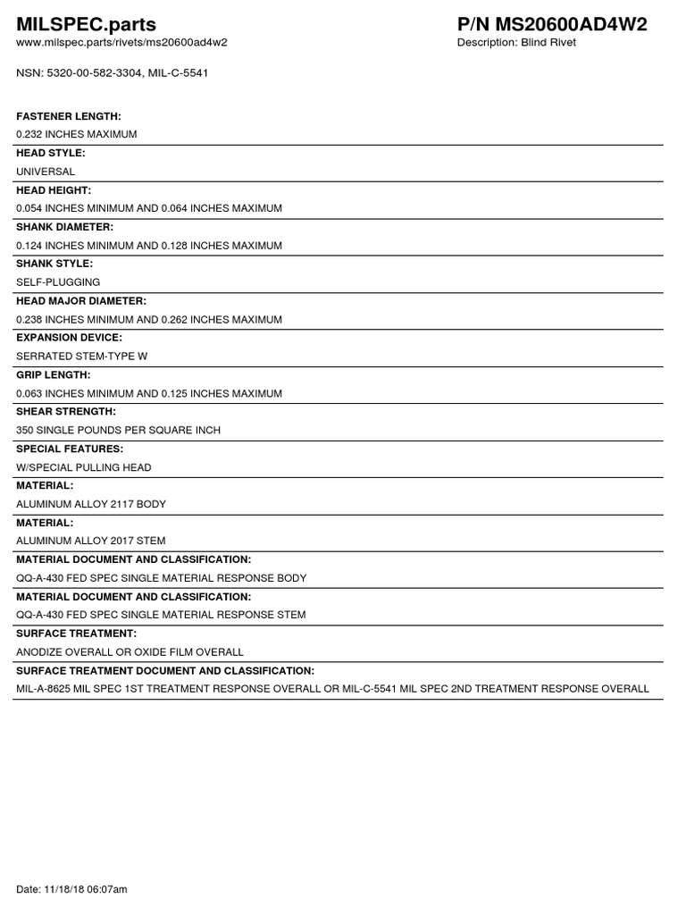 WWW - Milspec.parts/rivets/ms20600ad4w2 Description: Blind Rivet | PDF ...