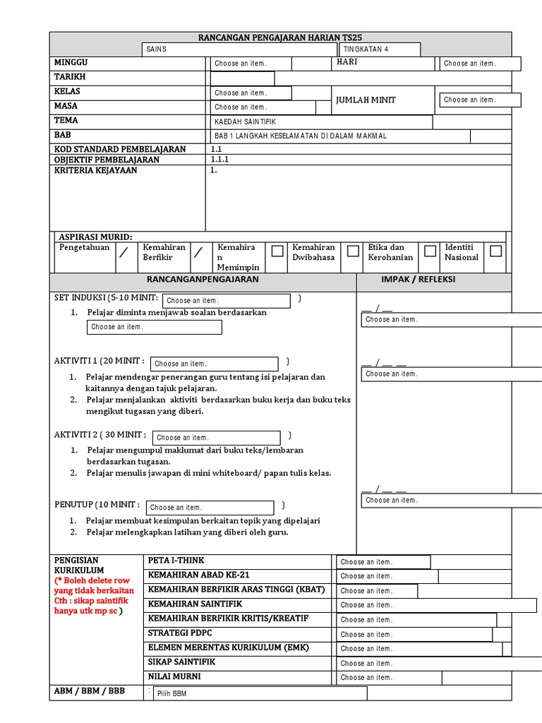 Templet RPH TS25 Sains Ting 4 | PDF