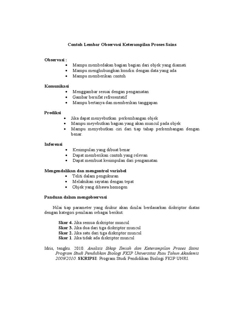 Contoh Lembar Observasi Keterampilan Proses Sains | PDF | Sains & Matematika
