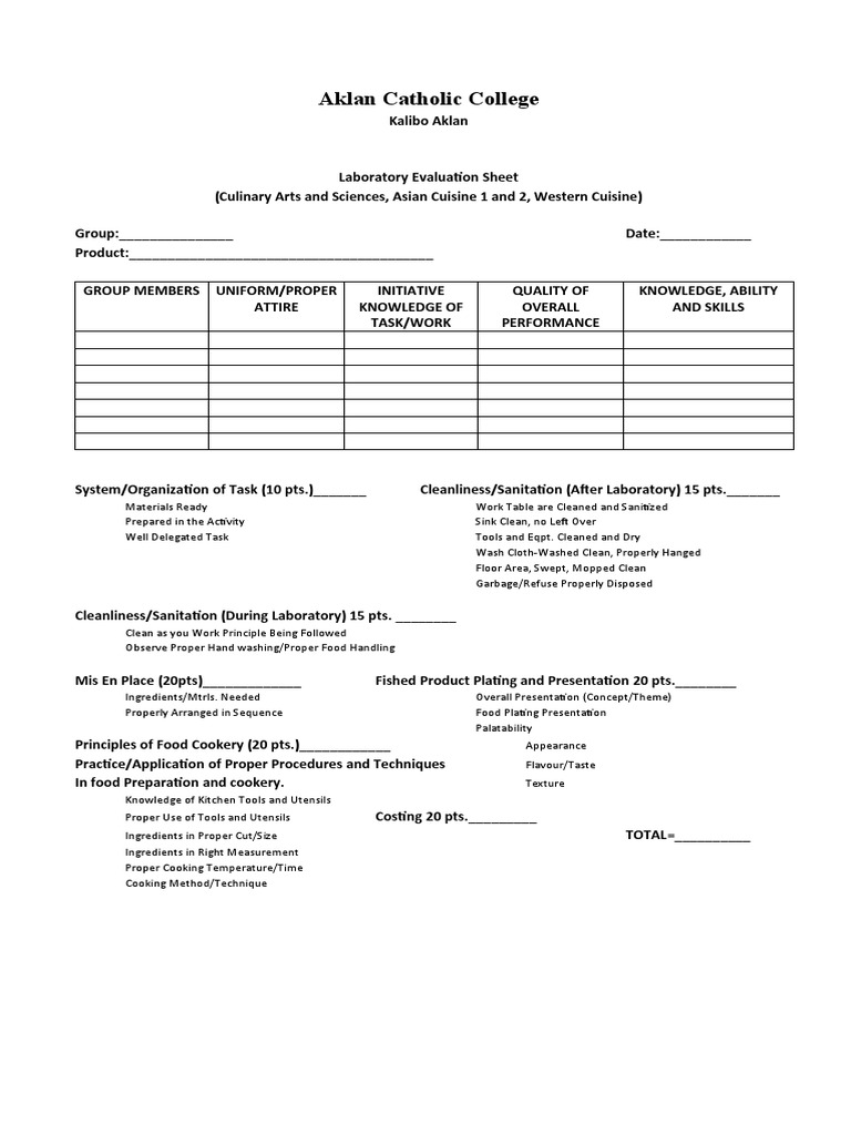 Aklan Catholic College Laboratory Evaluation Sheet | PDF | Kitchen ...