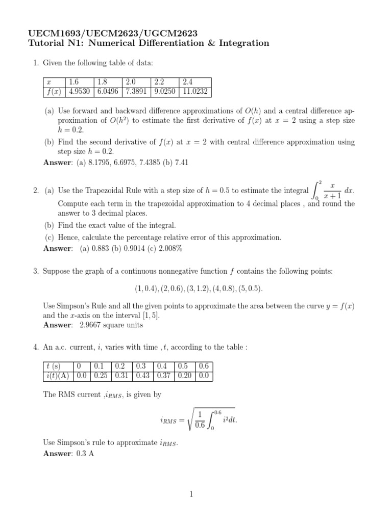 UECM1693/UECM2623/UGCM2623 Tutorial N1: Numerical Differentiation & Integration | PDF | Integral ...